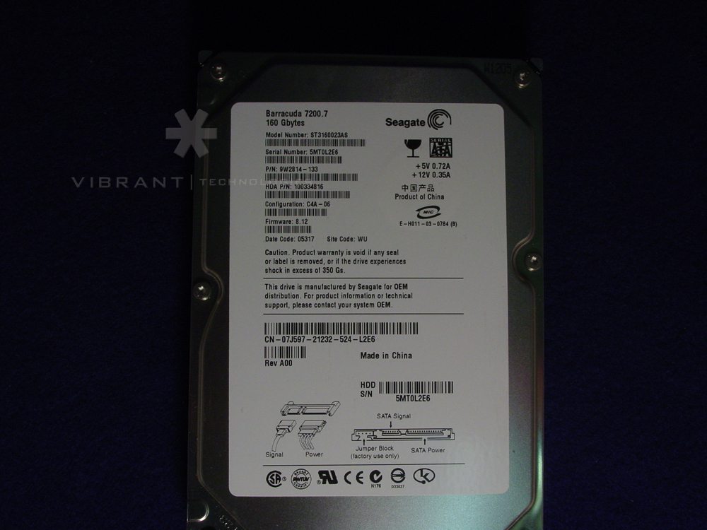 Dell 9W2814-133 160GB SATA 7200 Hard Drive Dell Labeled
